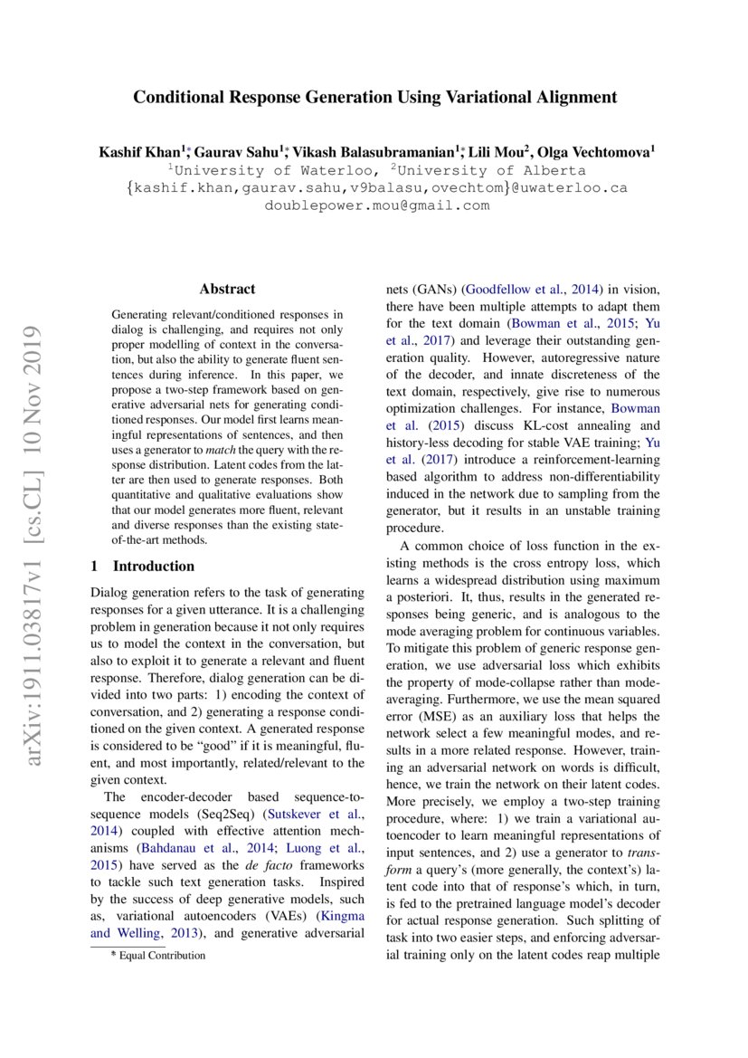 Conditional Response Generation Using Variational Alignment Deepai