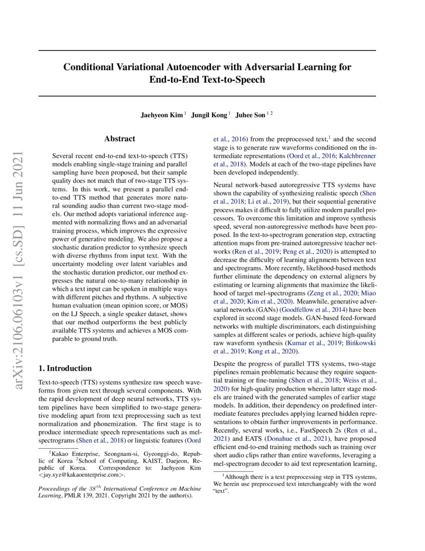 Conditional Variational Autoencoder With Adversarial Learning For End To End Text To Speech Deepai