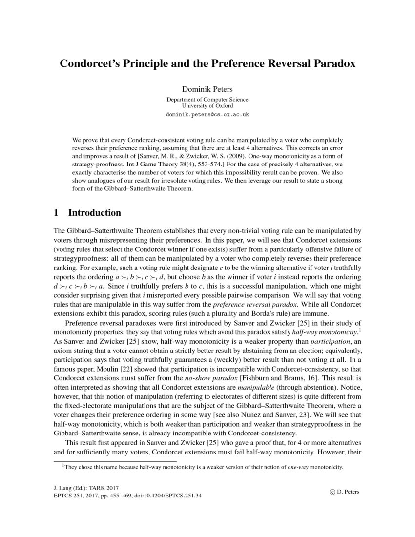 Condorcet's Principle and the Preference Reversal Paradox | DeepAI