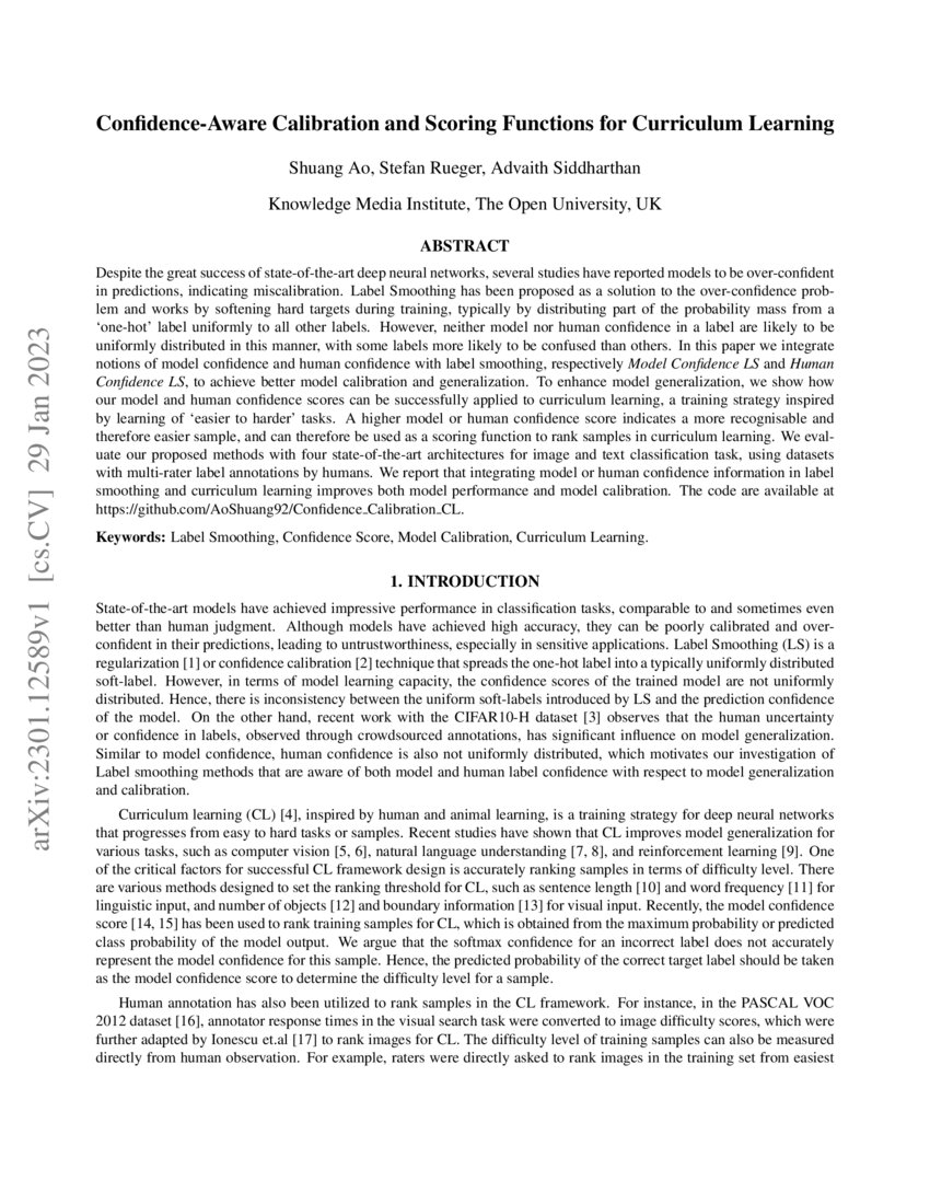 Confidence-Aware Calibration and Scoring Functions for Curriculum Learning | DeepAI