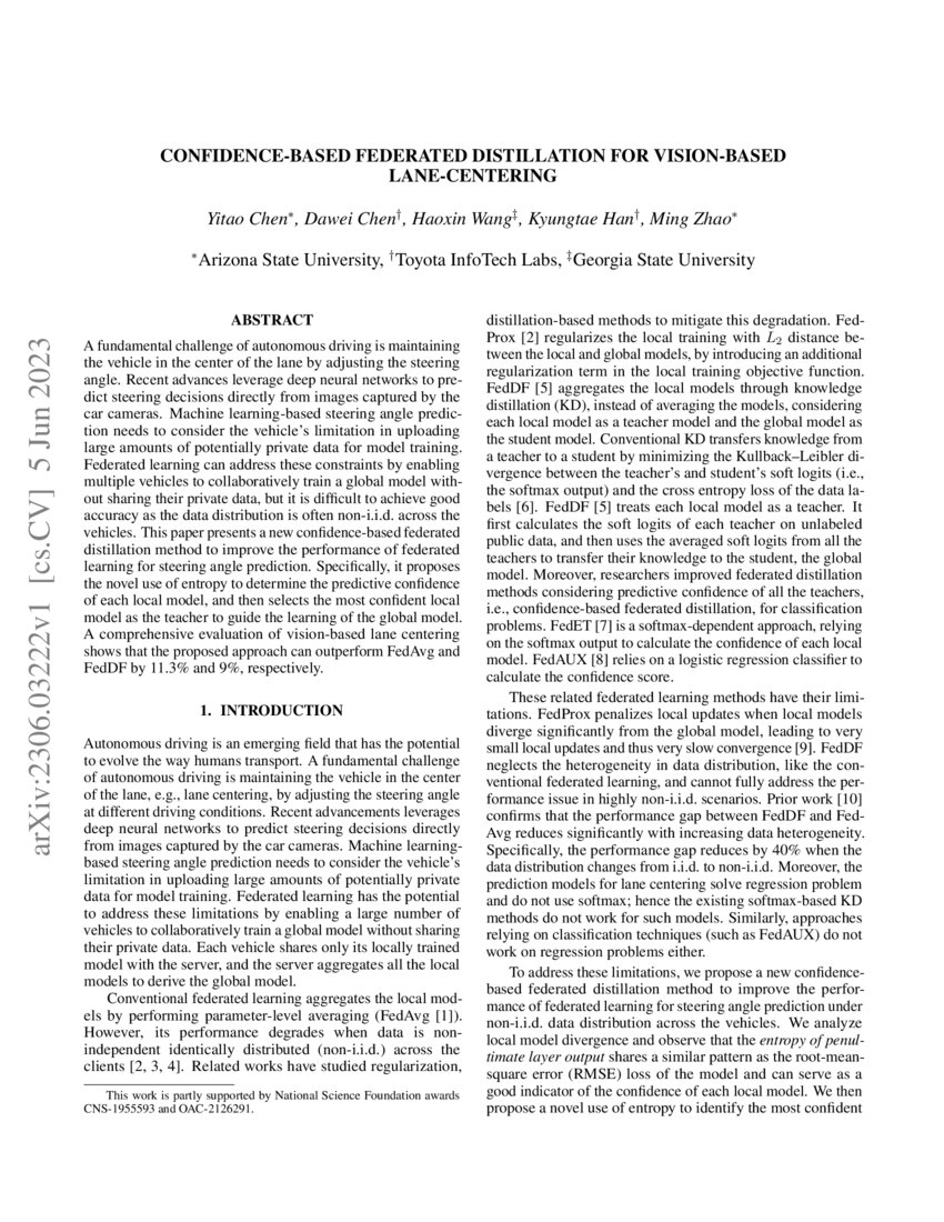 Confidence Based Federated Distillation For Vision Based Lane Centering Deepai