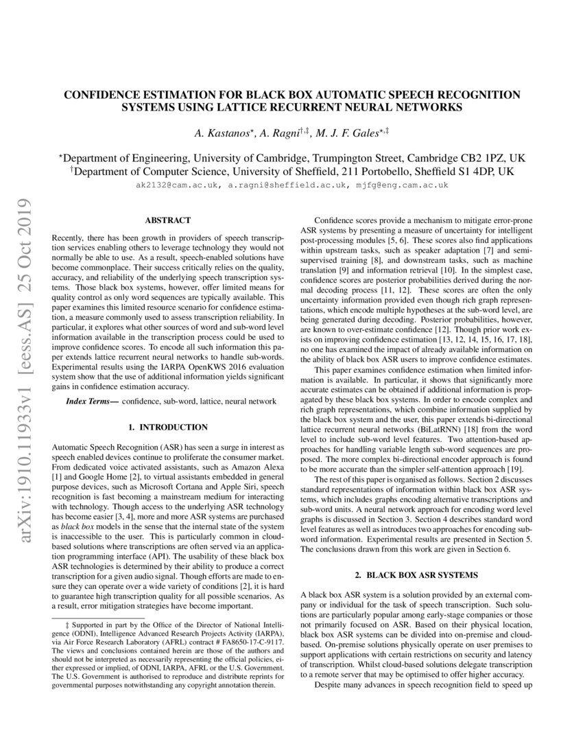 Confidence Estimation for Black Box Automatic Speech Recognition Systems Using Lattice Recurrent ...