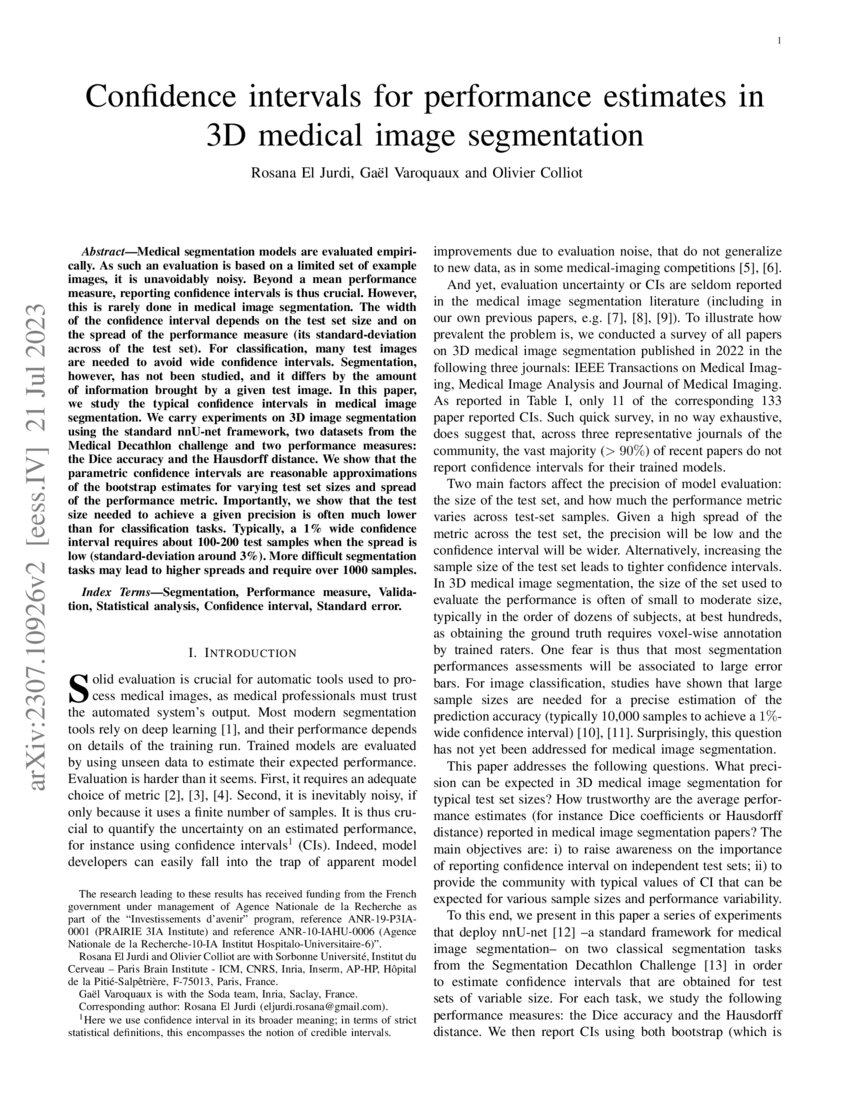 Confidence intervals for performance estimates in 3D medical image ...