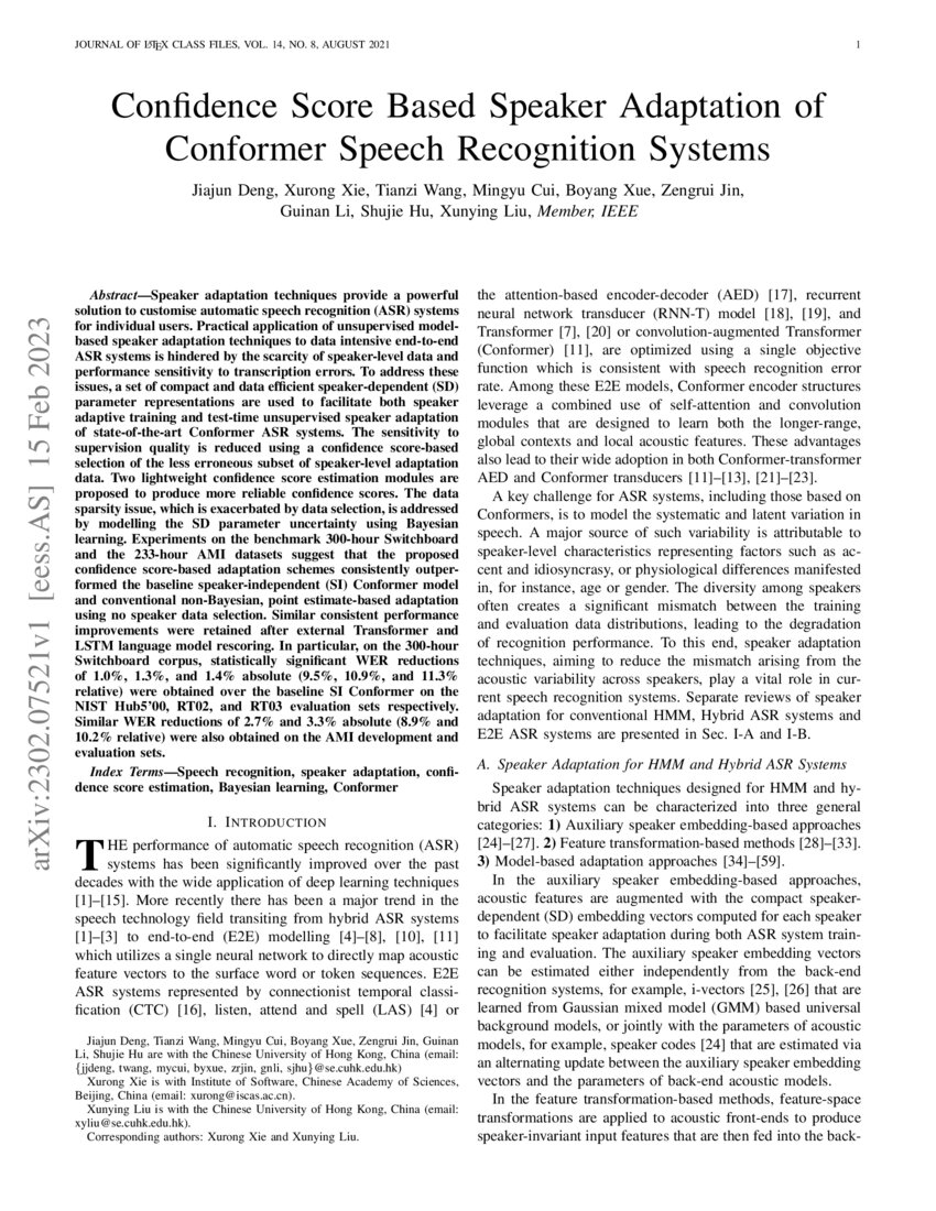 Confidence Score Based Speaker Adaptation Of Conformer Speech Recognition Systems Deepai