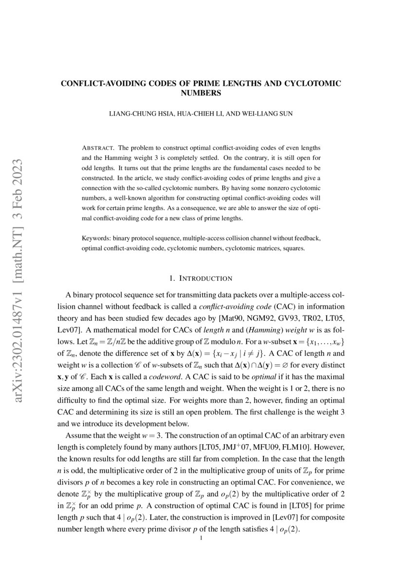 Conflict-Avoiding Codes of Prime Lengths and Cyclotomic Numbers | DeepAI
