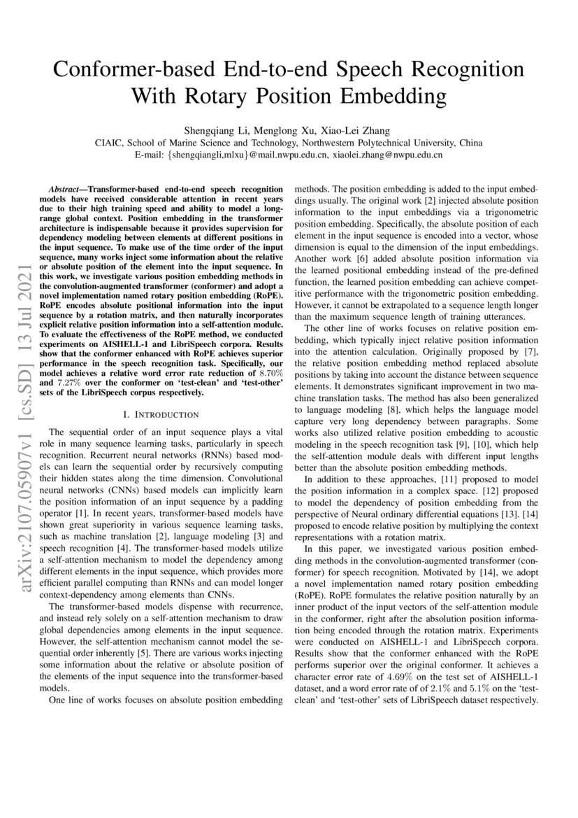 Conformer Based End To End Speech Recognition With Rotary Position Embedding Deepai 5035