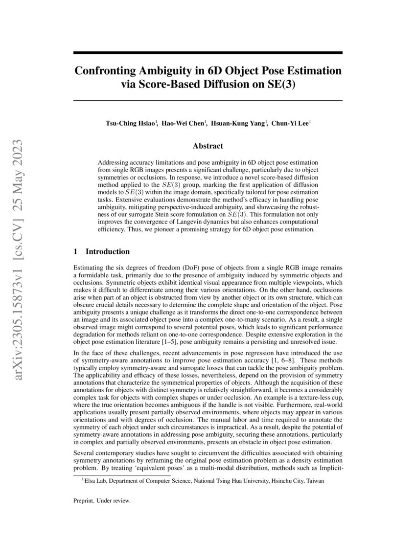 Confronting Ambiguity In 6d Object Pose Estimation Via Score Based Diffusion On Se 3 Deepai