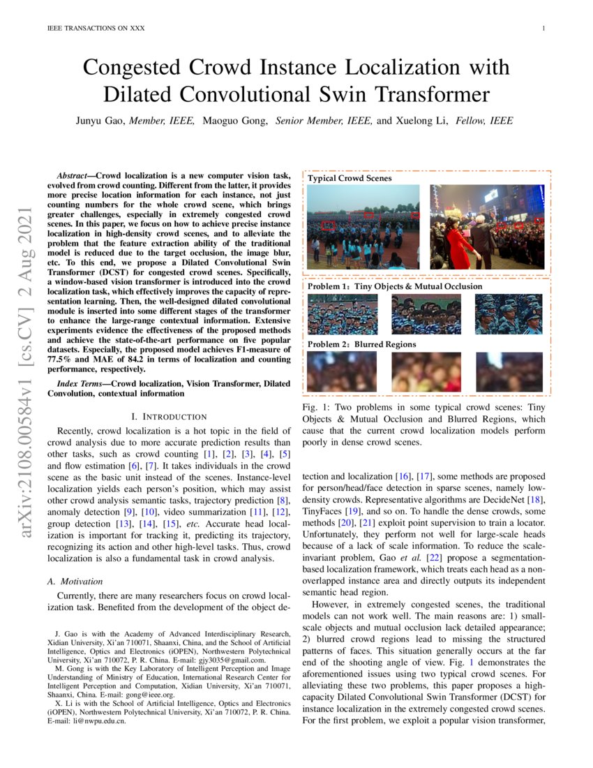 Congested Crowd Instance Localization with Dilated Convolutional Swin Transformer | DeepAI