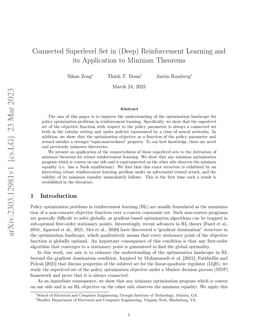 Connected Superlevel Set In Deep Reinforcement Learning And Its Application To Minimax