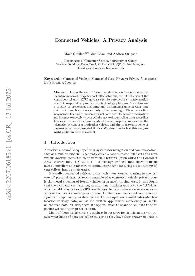 Connected Vehicles A Privacy Analysis Deepai