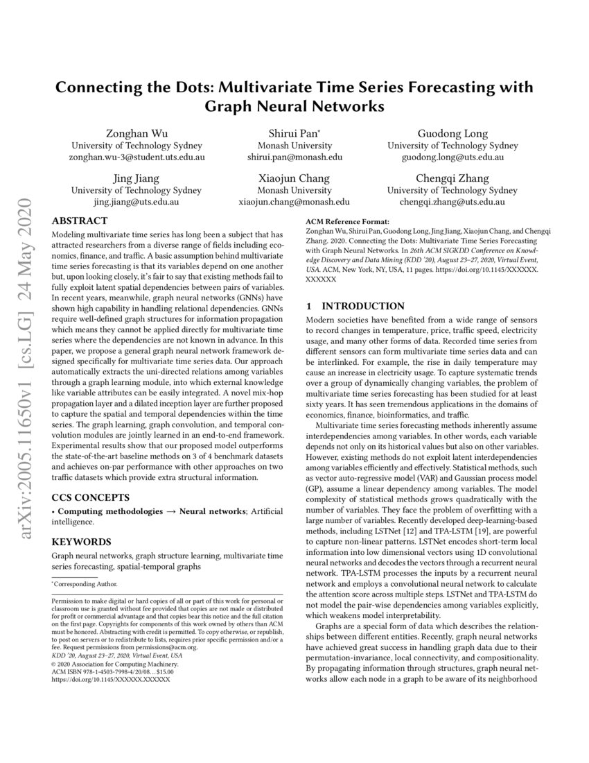Connecting The Dots Multivariate Time Series Forecasting With Graph Neural Networks Deepai
