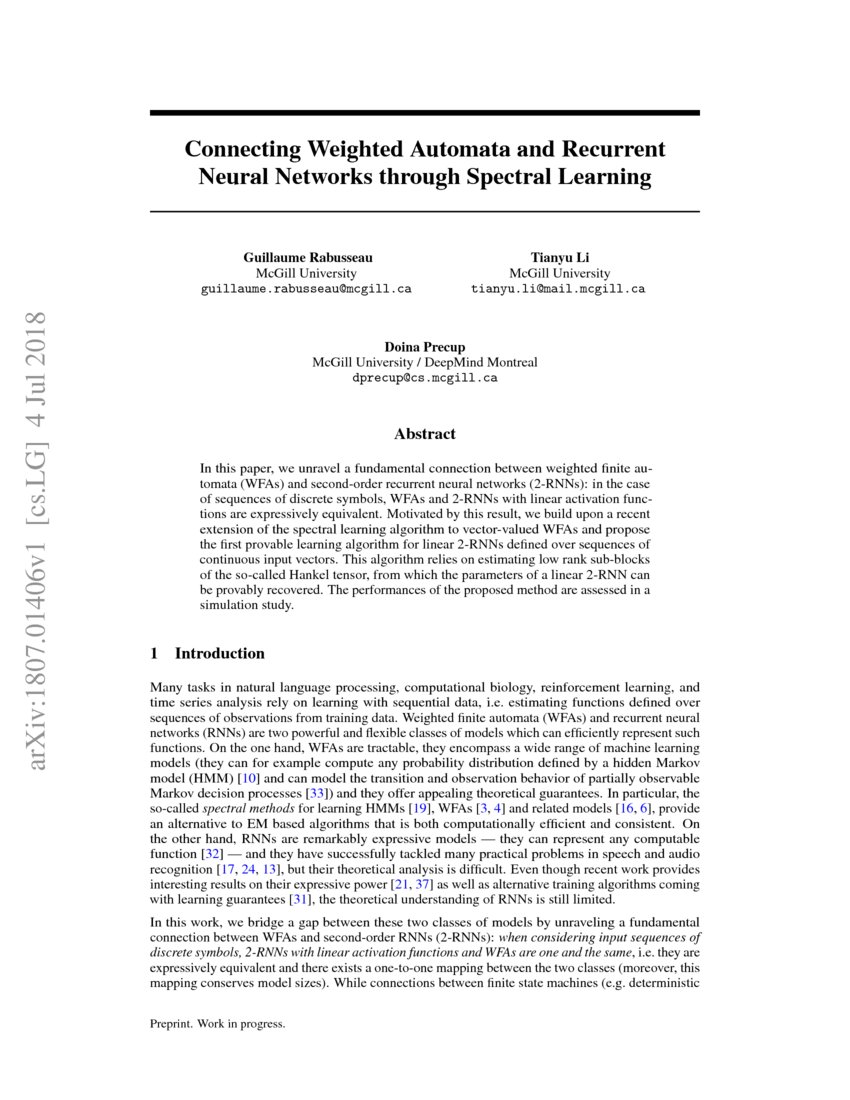 Connecting Weighted Automata and Recurrent Neural Networks through Spectral Learning | DeepAI