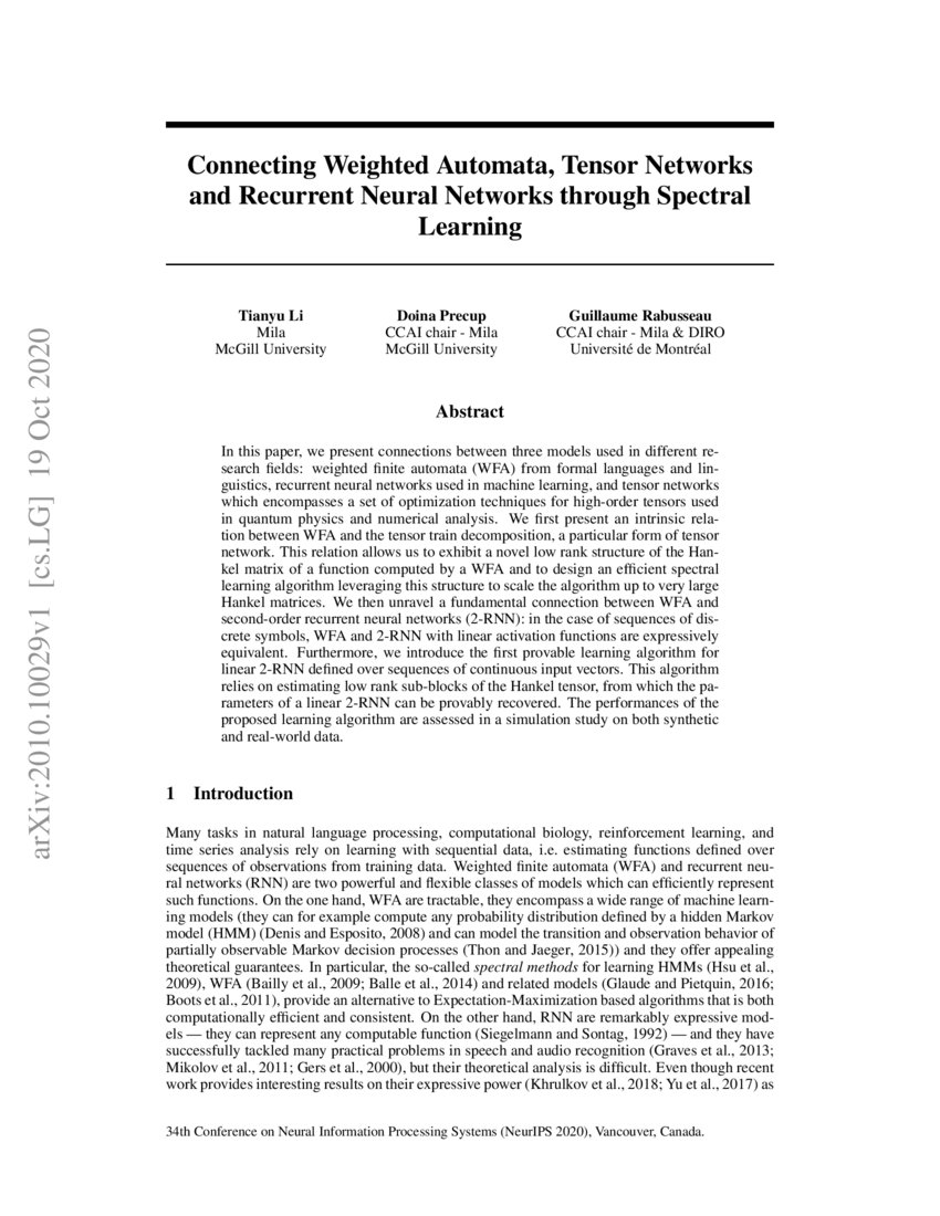 Connecting Weighted Automata, Tensor Networks and Recurrent Neural Networks through Spectral ...