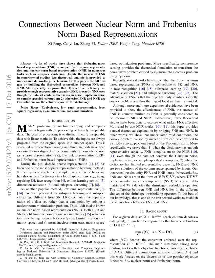 Connections Between Nuclear Norm And Frobenius Norm Based Representations Deepai