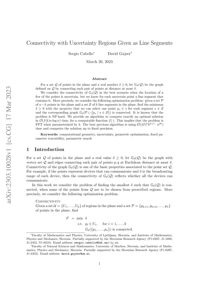 Connectivity with uncertainty regions given as line segments | DeepAI