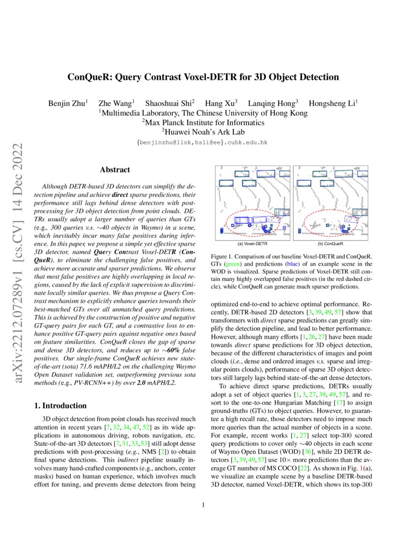 ConQueR: Query Contrast Voxel-DETR for 3D Object Detection | DeepAI