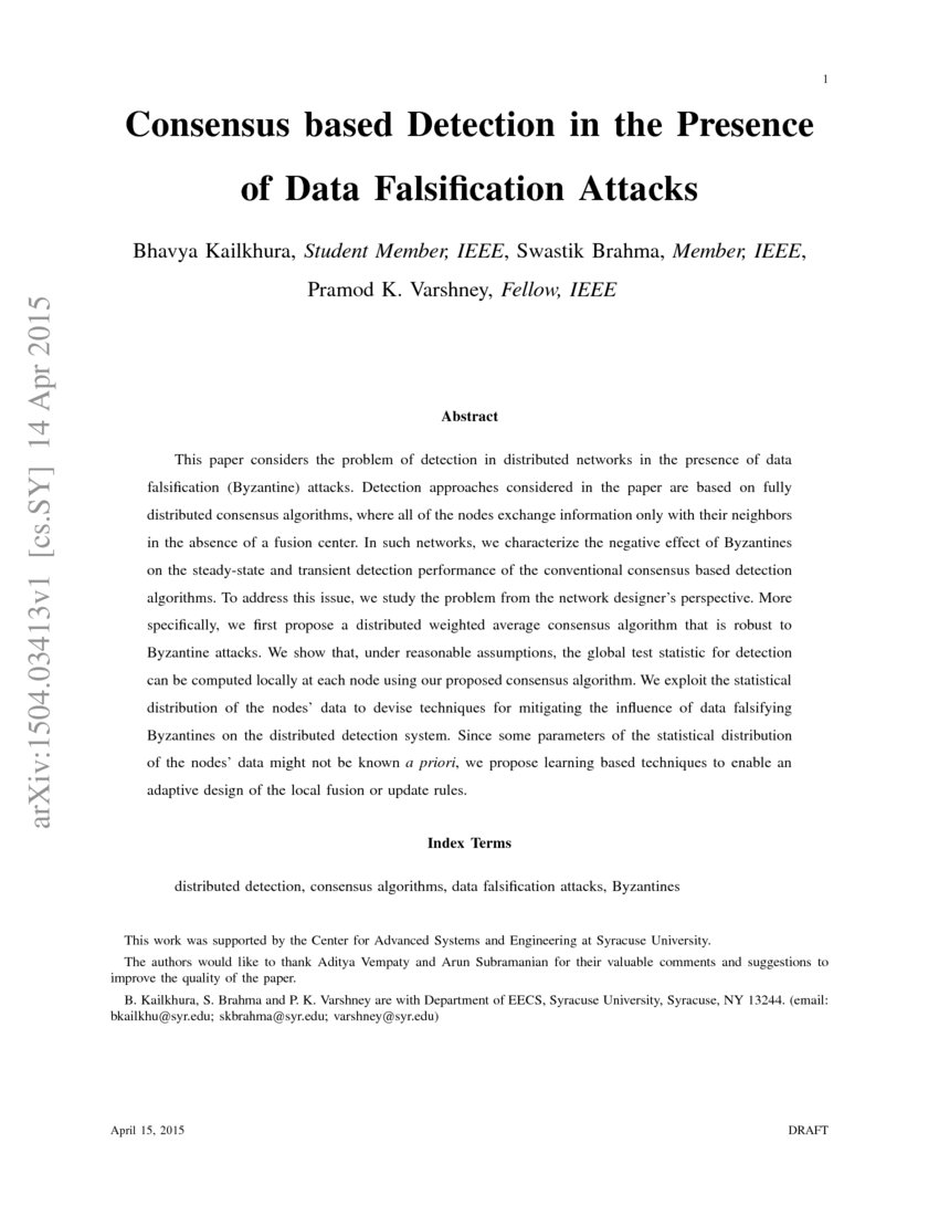 Consensus Based Detection In The Presence Of Data Falsification Attacks Deepai