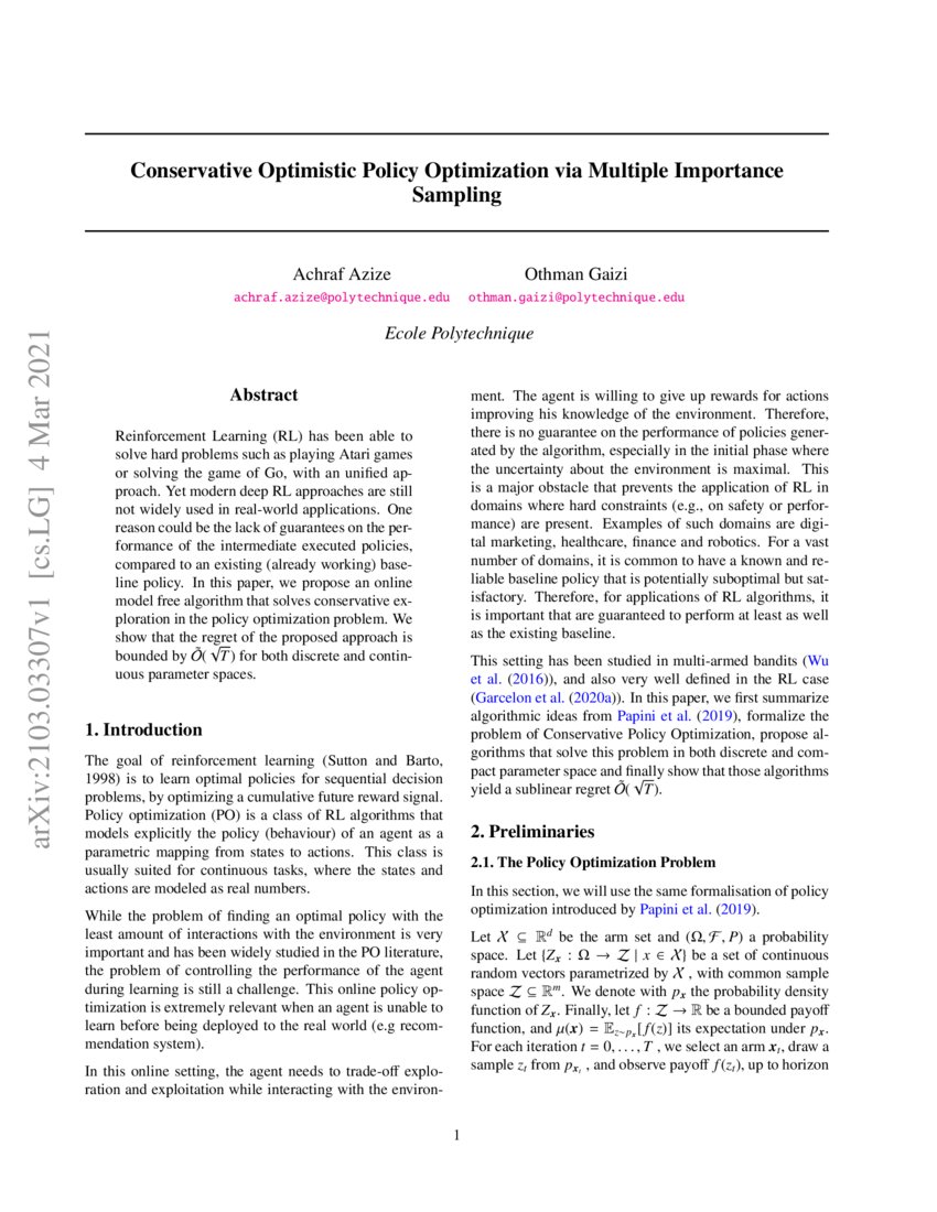 Conservative Optimistic Policy Optimization via Multiple Importance ...