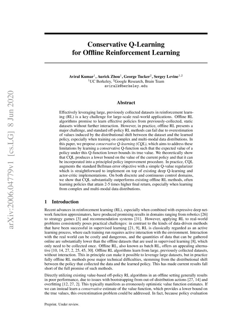 Conservative Q-Learning for Offline Reinforcement Learning | DeepAI