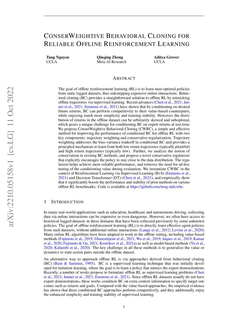 ConserWeightive Behavioral Cloning for Reliable Offline Reinforcement Learning | DeepAI