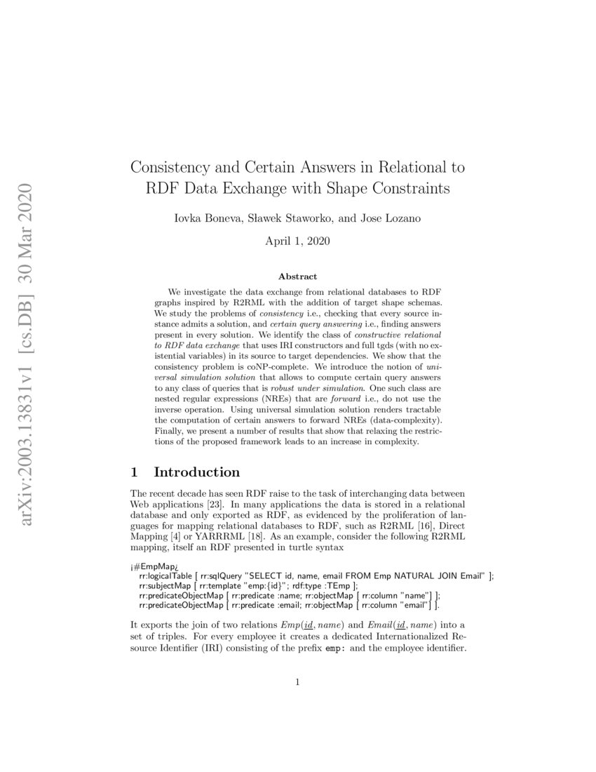Consistency and Certain Answers in Relational to RDF Data Exchange with Shape Constraints | DeepAI