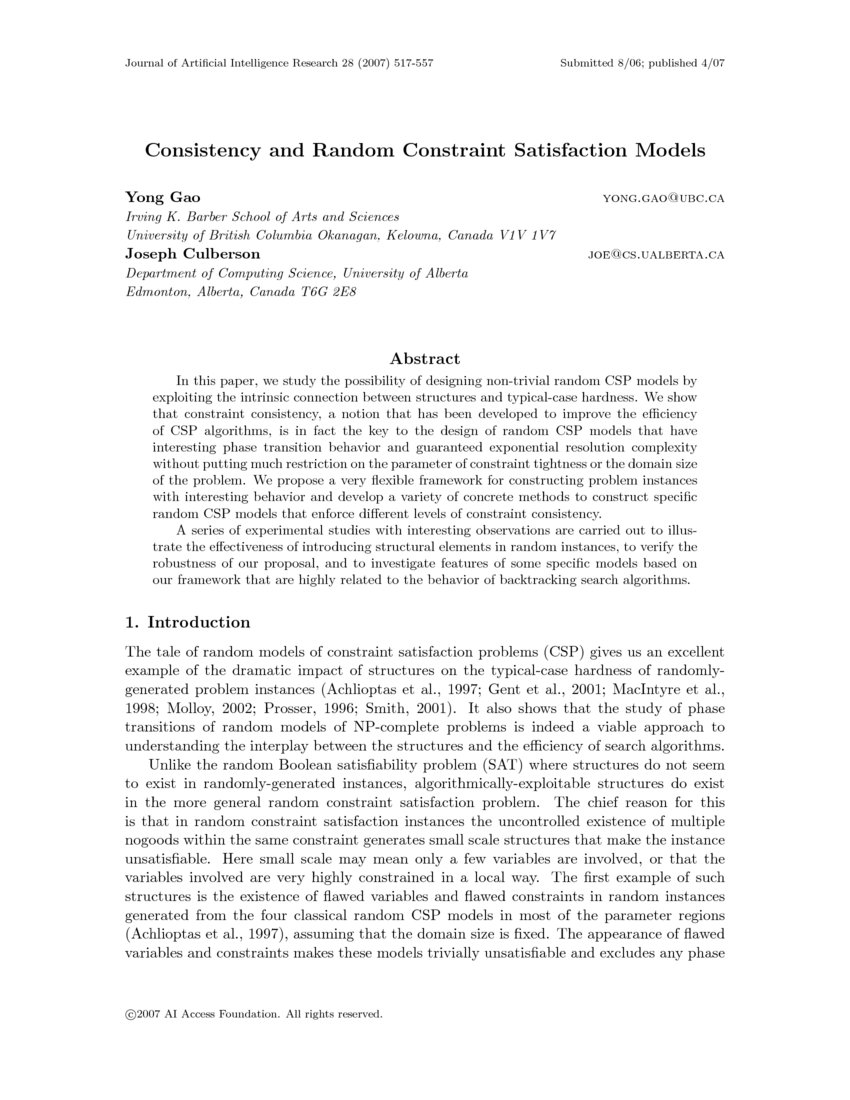 Consistency And Random Constraint Satisfaction Models Deepai
