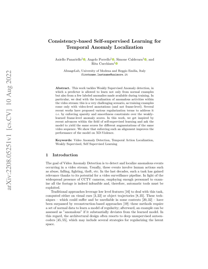 Consistency Based Self Supervised Learning For Temporal Anomaly Localization Deepai