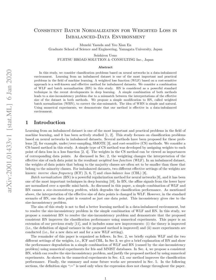 Consistent Batch Normalization for Weighted Loss in Imbalanced-Data Environment | DeepAI