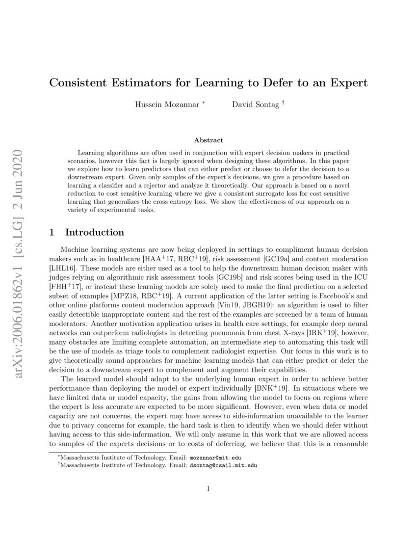 Consistent Estimators for Learning to Defer to an Expert | DeepAI
