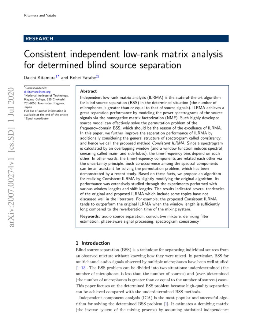Consistent Independent Low Rank Matrix Analysis For Determined Blind Source Separation Deepai 