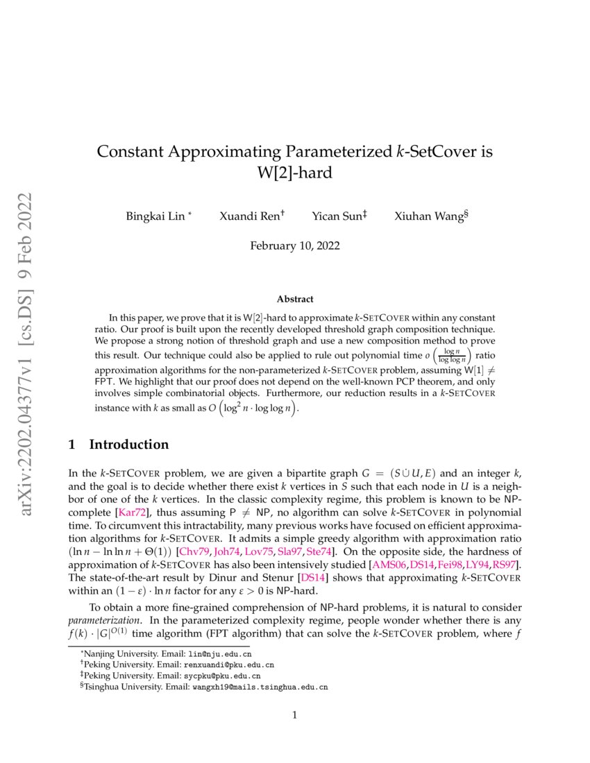 Constant Approximating Parameterized k-SetCover is W[2]-hard | DeepAI
