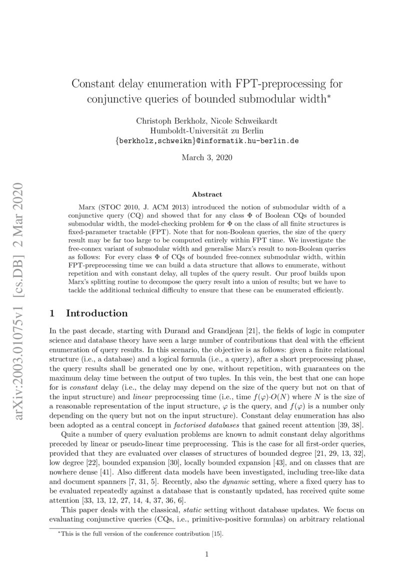 Constant Delay Enumeration With Fpt Preprocessing For Conjunctive Queries Of Bounded Submodular 