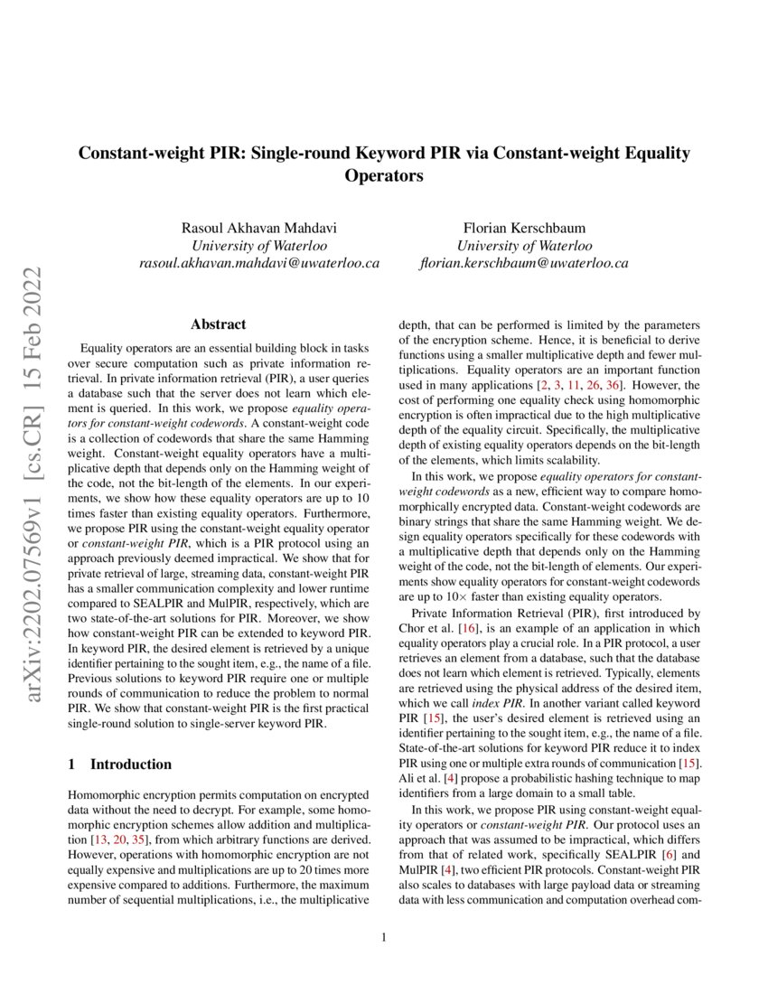 Constant-weight PIR: Single-round Keyword PIR via Constant-weight ...
