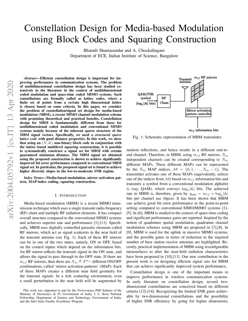 Constellation Design for Media-based Modulation using Block Codes and Squaring Construction | DeepAI
