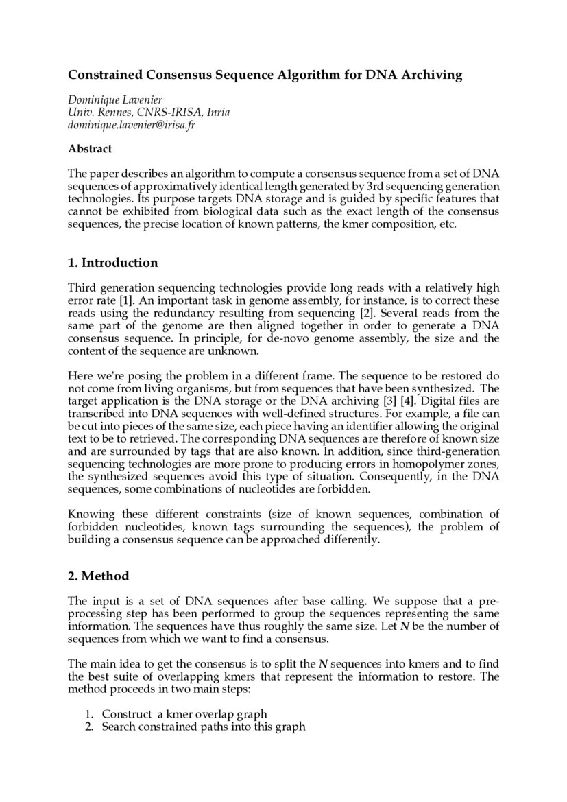 Constrained Consensus Sequence Algorithm for DNA Archiving | DeepAI