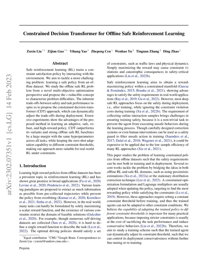 Constrained Decision Transformer For Offline Safe Reinforcement Learning Deepai