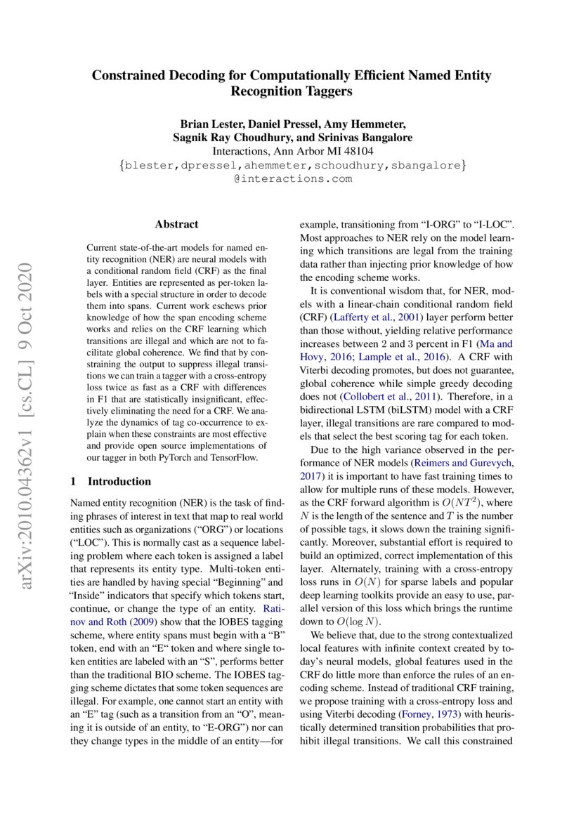 Constrained Decoding for Computationally Efficient Named Entity Recognition Taggers | DeepAI