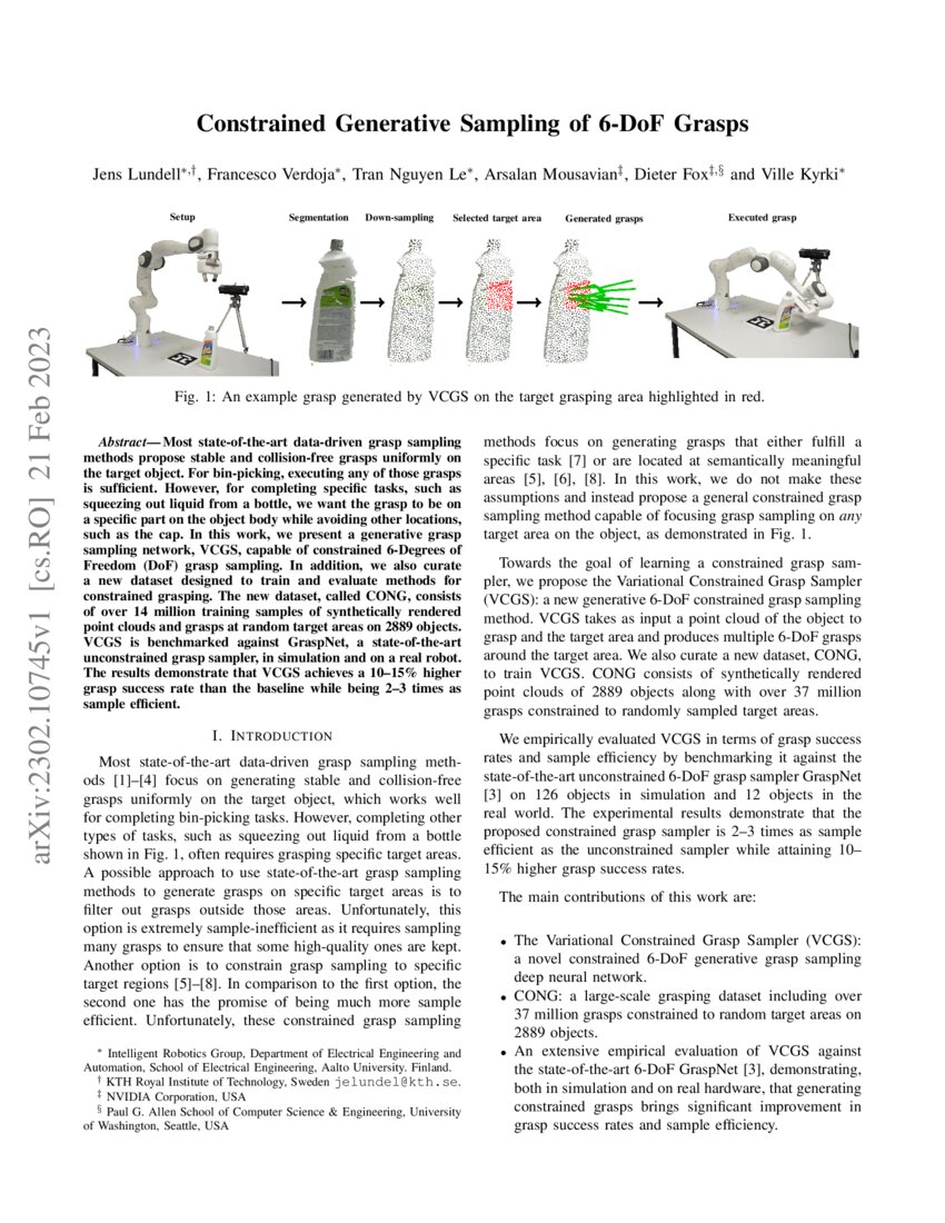 Constrained Generative Sampling of 6-DoF Grasps | DeepAI
