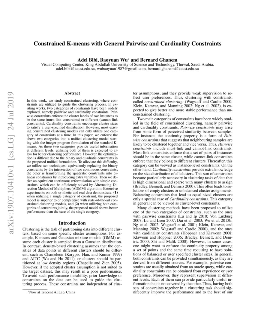 Constrained K Means With General Pairwise And Cardinality Constraints Deepai