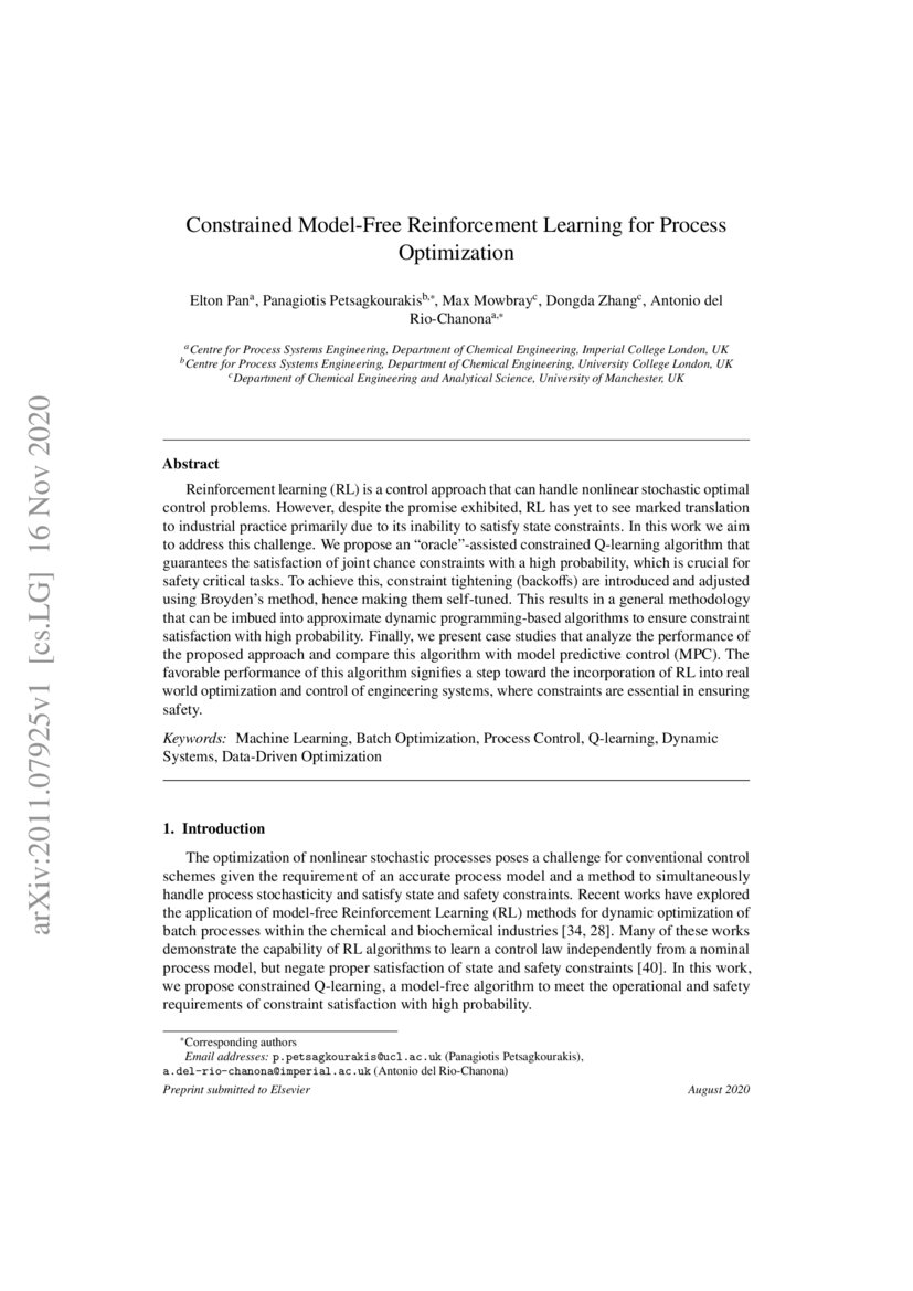 Constrained Model-Free Reinforcement Learning for Process Optimization | DeepAI