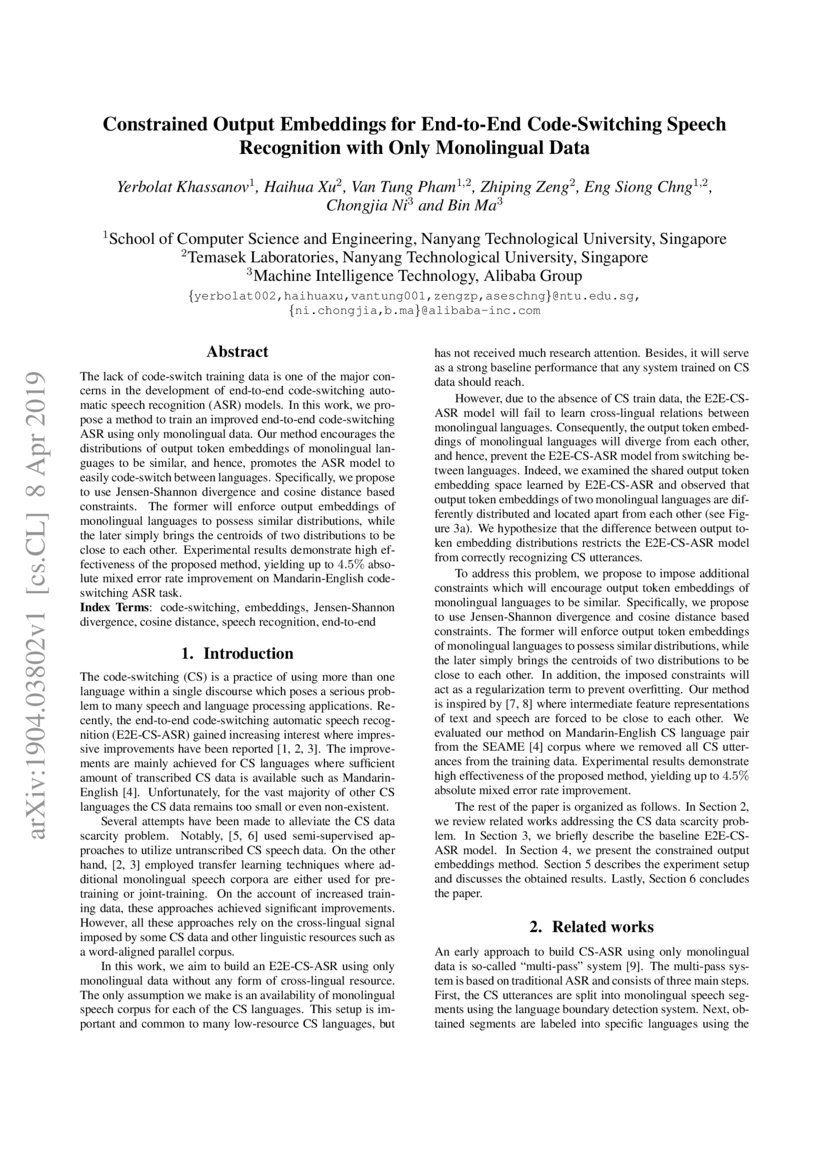 Constrained Output Embeddings For End To End Code Switching Speech Recognition With Only