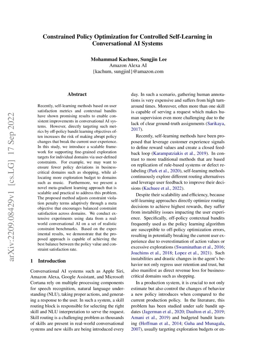 Constrained Policy Optimization For Controlled Self Learning In Conversational Ai Systems Deepai