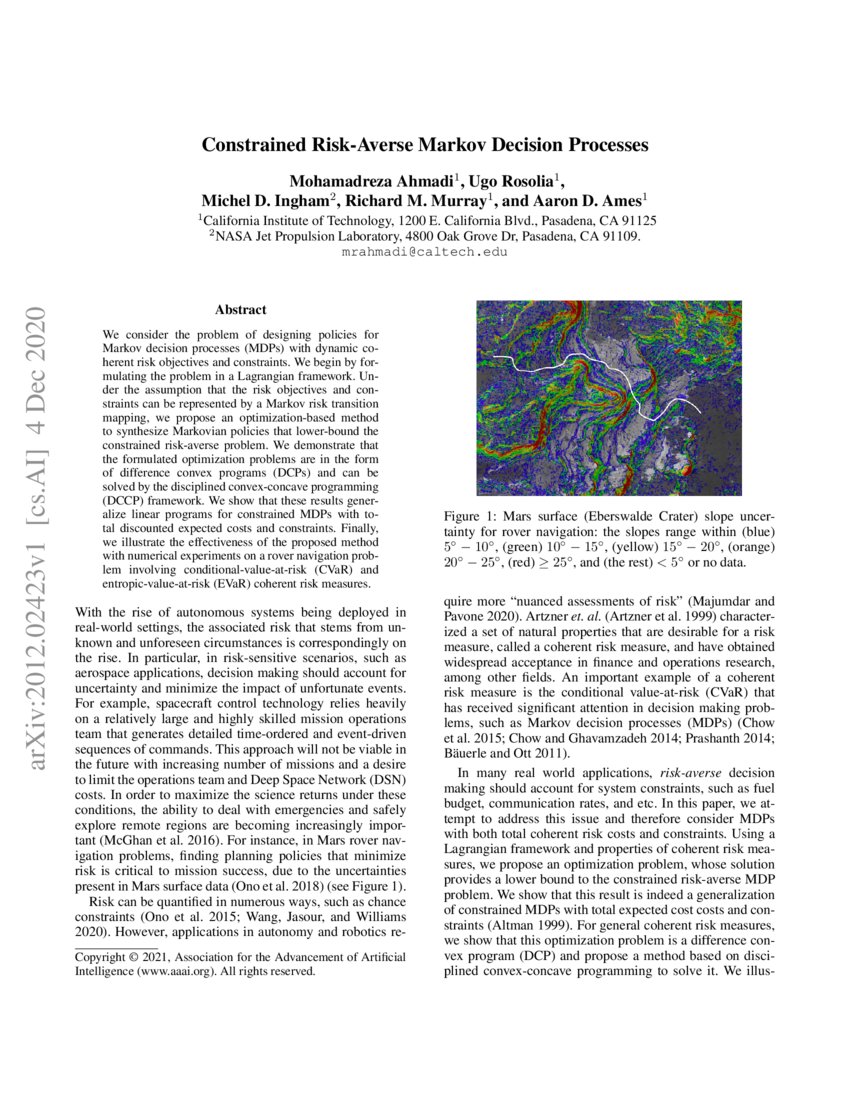 Constrained Risk-Averse Markov Decision Processes | DeepAI