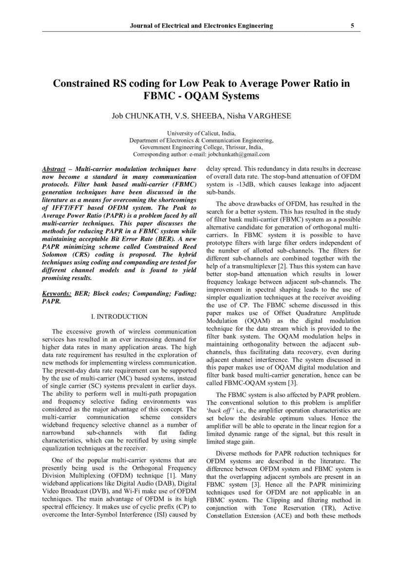 Constrained RS coding for Low Peak to Average Power Ratio in FBMC – OQAM Systems | DeepAI