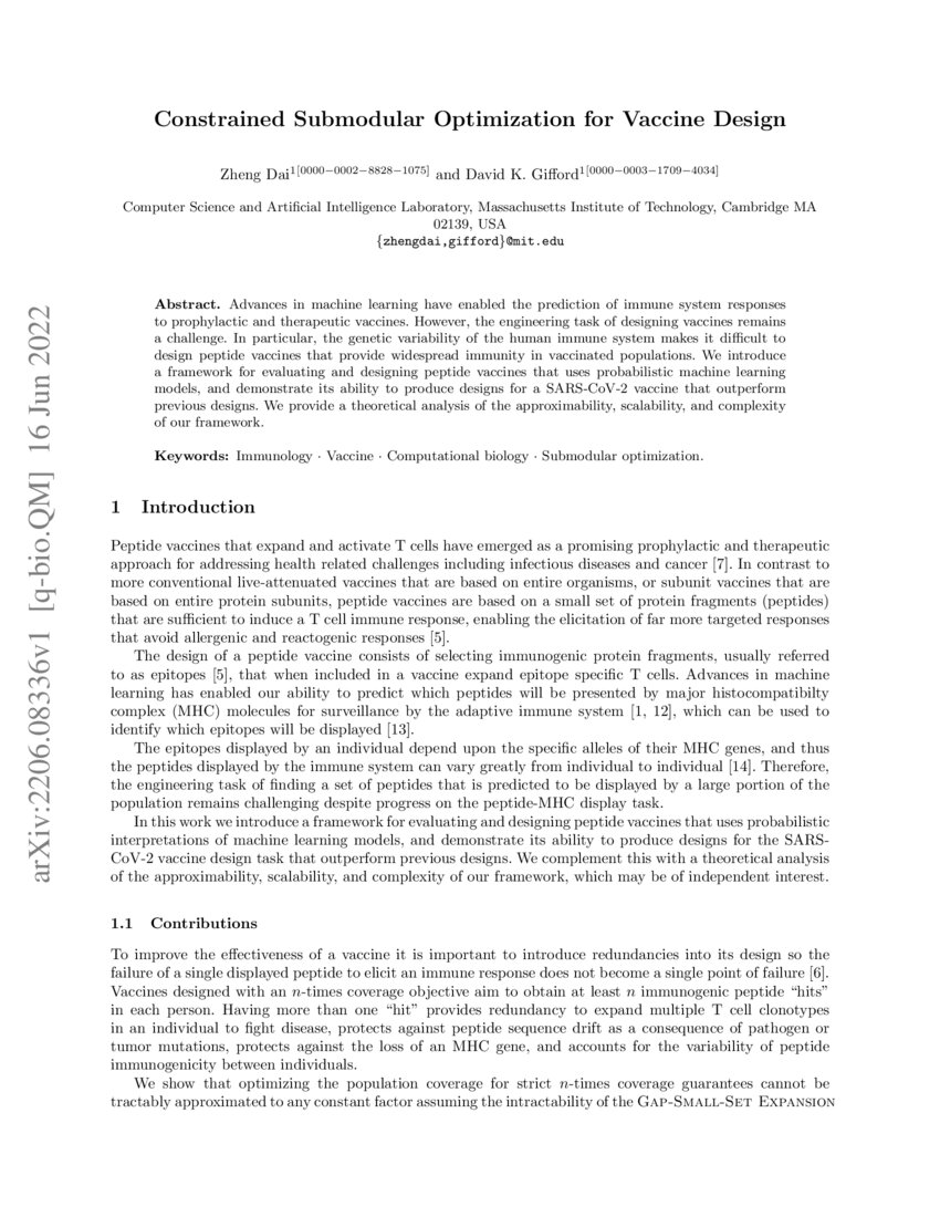 Constrained Submodular Optimization For Vaccine Design Deepai