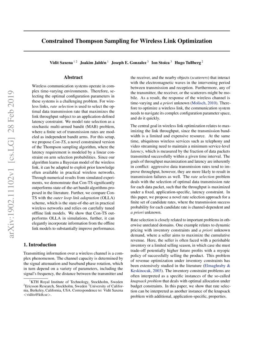 Constrained Thompson Sampling for Wireless Link Optimization | DeepAI