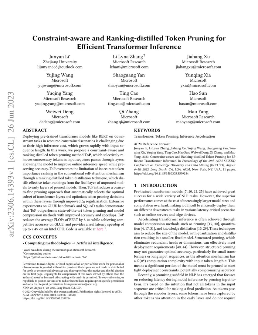 Constraint-aware and Ranking-distilled Token Pruning for Efficient Transformer Inference | DeepAI