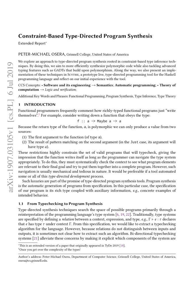 Constraint Based Type Directed Program Synthesis Deepai