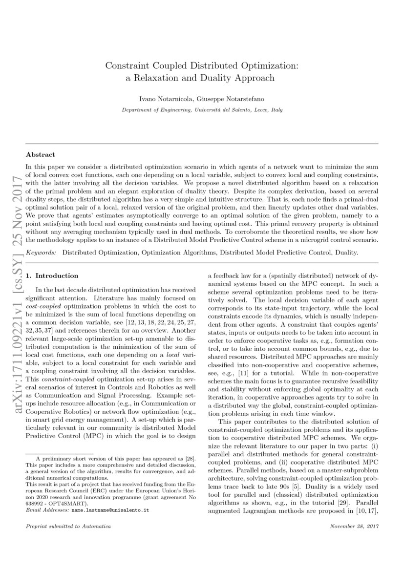 Constraint Coupled Distributed Optimization A Relaxation And Duality Approach Deepai