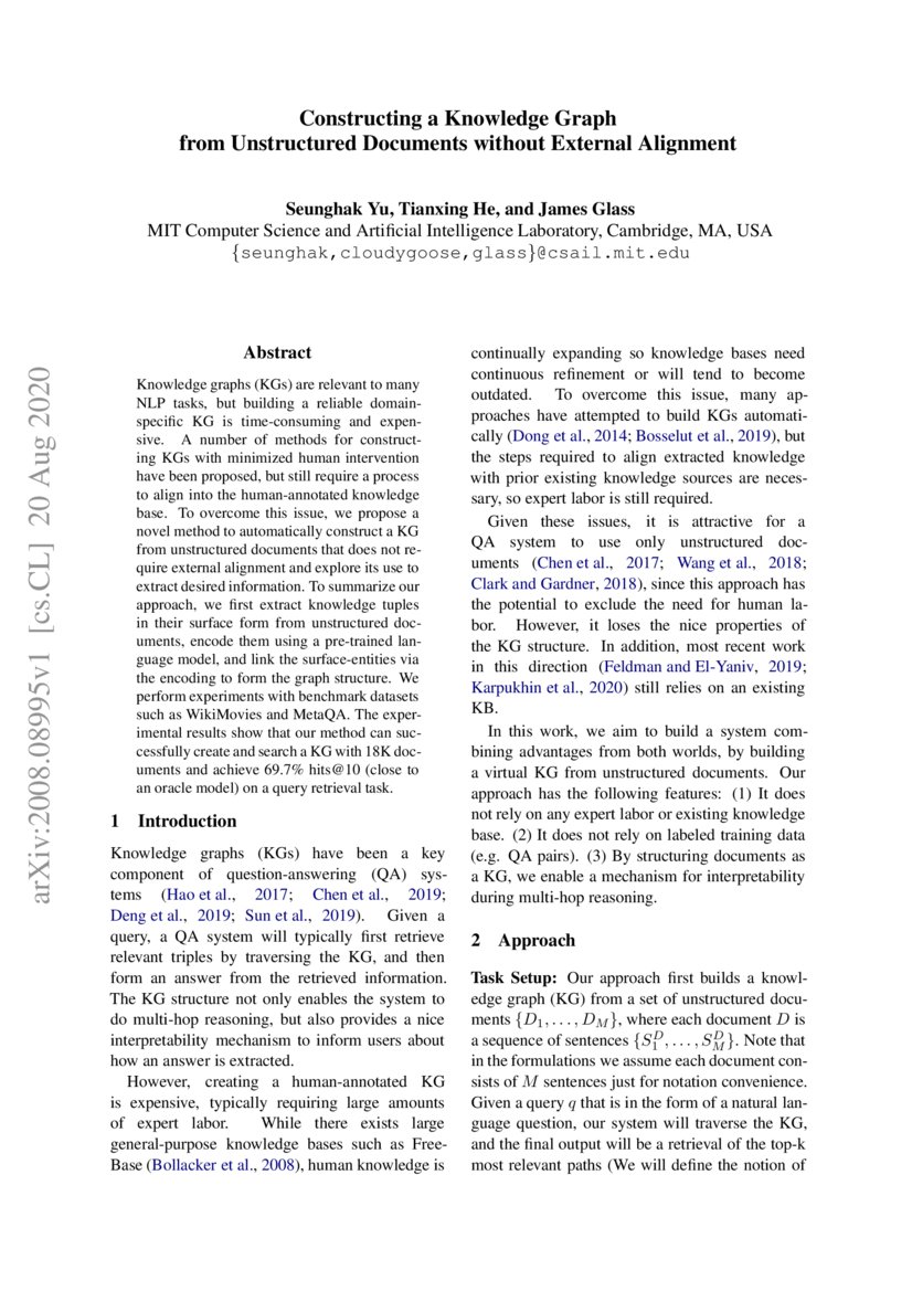 Constructing a Knowledge Graph from Unstructured Documents without External Alignment | DeepAI